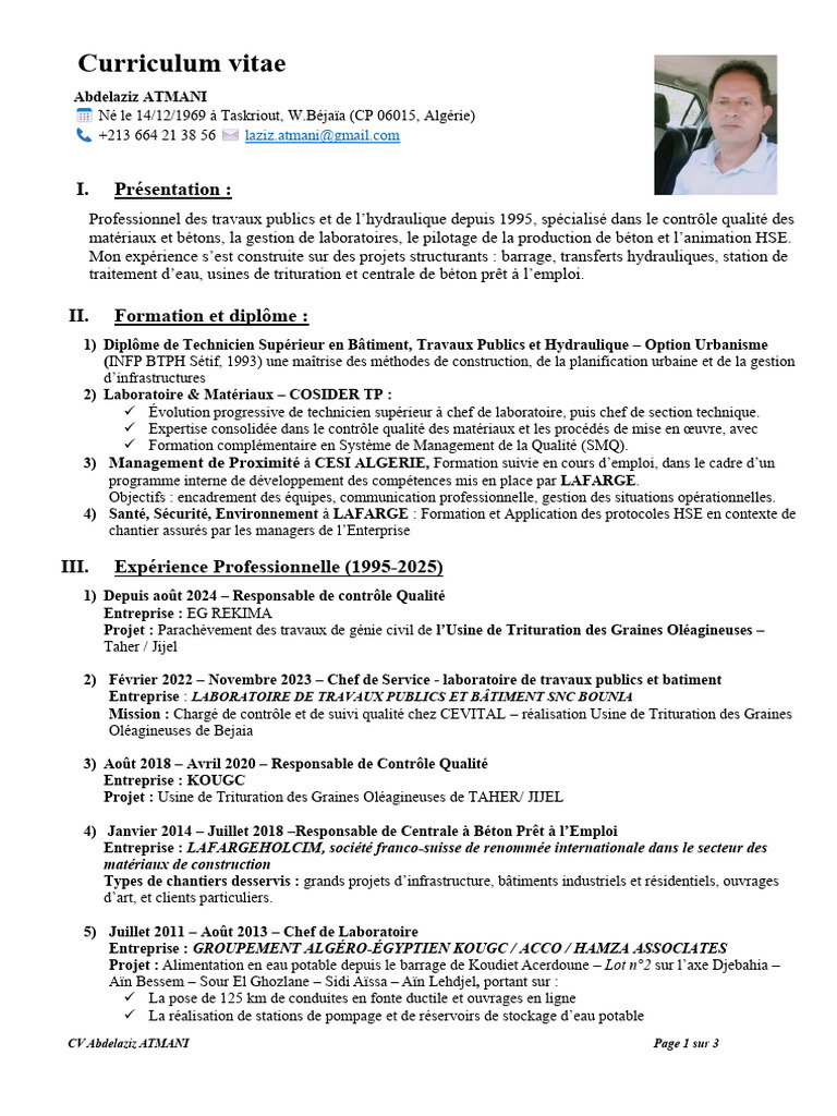 CV d'Abdelaziz Atmani - Expert en HSE | PDF | Béton | Matériaux de ...