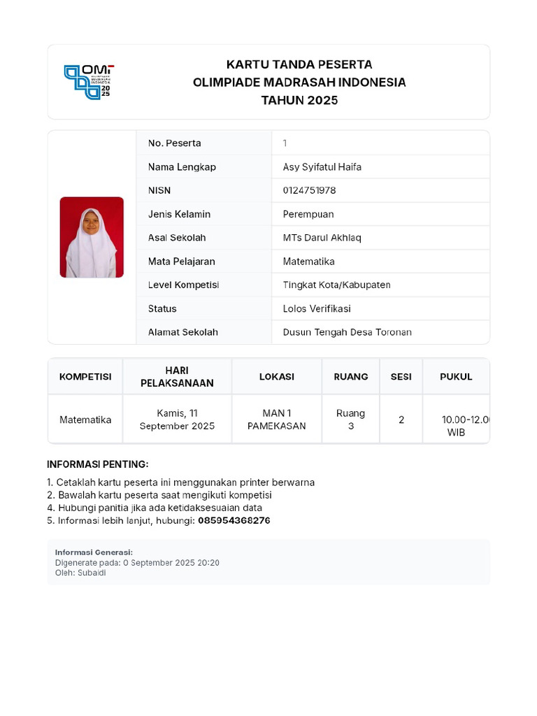 Kartu Peserta Asy Syifatul Haifa 2025 09 07 | PDF