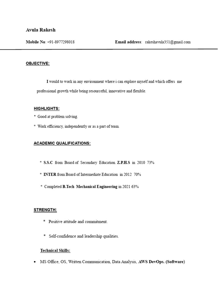 Mechanical Engineer Resume of Avula Rakesh | PDF