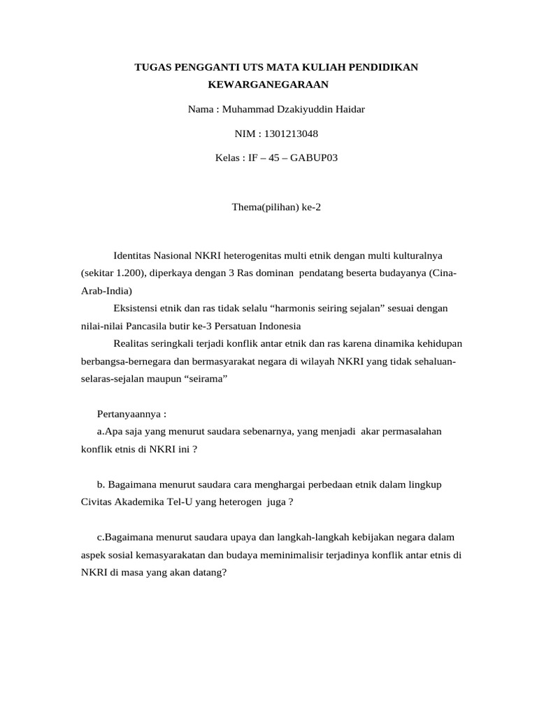 Tugas Pengganti Uts Mata Kuliah Pendidikan Kewarganegaraan | PDF