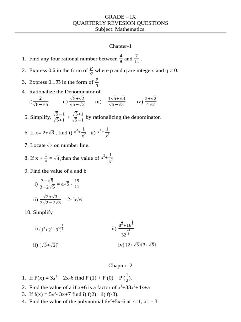 Grade IX MATHEMATICS REVISION QUESTIONS | PDF | Square Root | Equations
