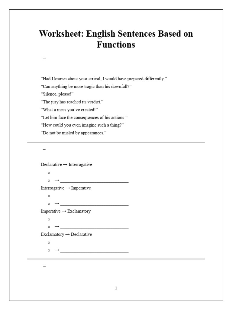 English Sentence Functions Worksheet | PDF