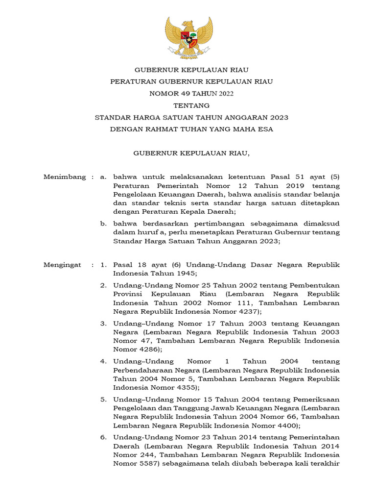 Pergub No 49 Tahun 2022 - Tentang Standar Harga Satuan TA 2023 | PDF