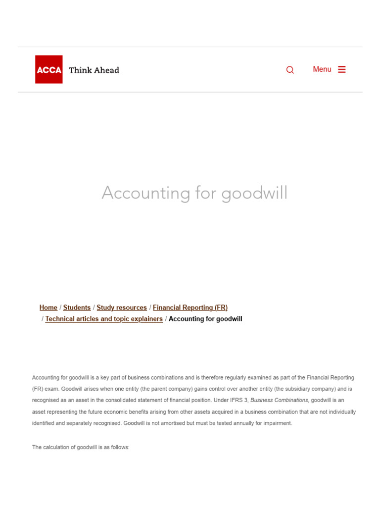 Goodwill Calculation in ACCA Exams | PDF | Goodwill (Accounting) | Fair ...