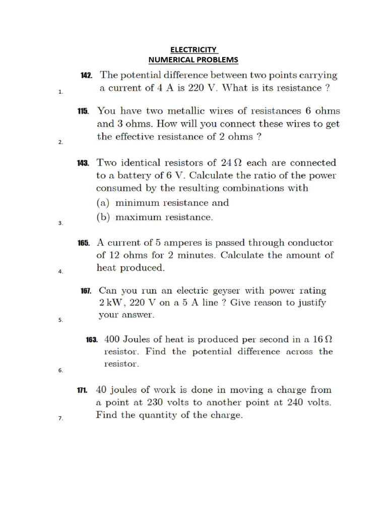 Electricity Numerical Problems Questions | PDF