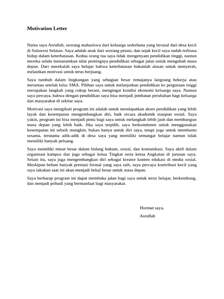 Surat Motivasi Mahasiswa Berprestasi | PDF