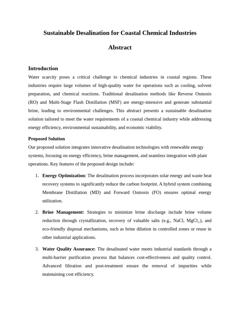 Sustainable Desalination For Coastal Chemical Industries Solution | PDF ...