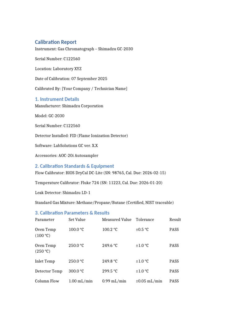 Shimadzu GC-2030 Calibration Report | PDF