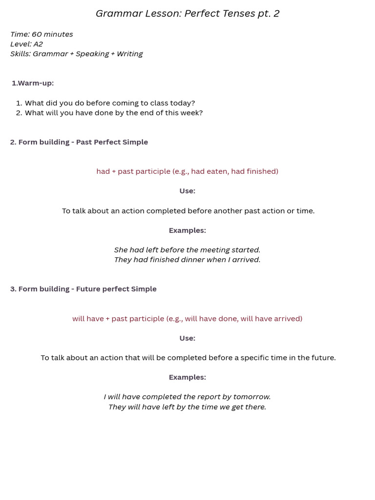 Mastering Perfect Tenses: A2 Grammar Guide | PDF | Perfect (Grammar ...
