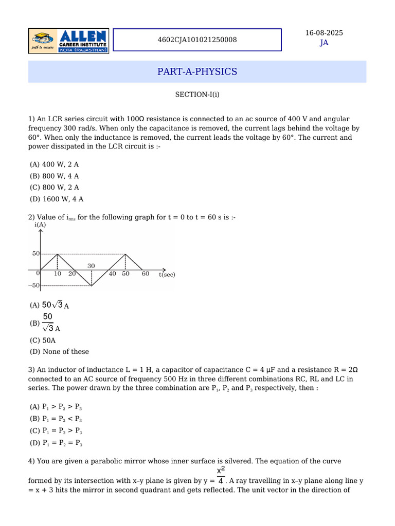 JEE ADVANCED Sample Paper | PDF | Electrical Impedance | Electrical Network