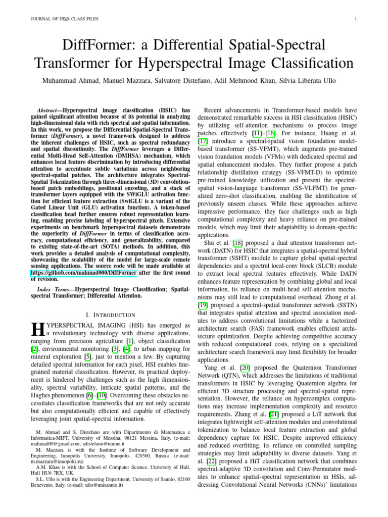 Multimodal - Diff Former A Differential Spatial-Spectral Transformer ...