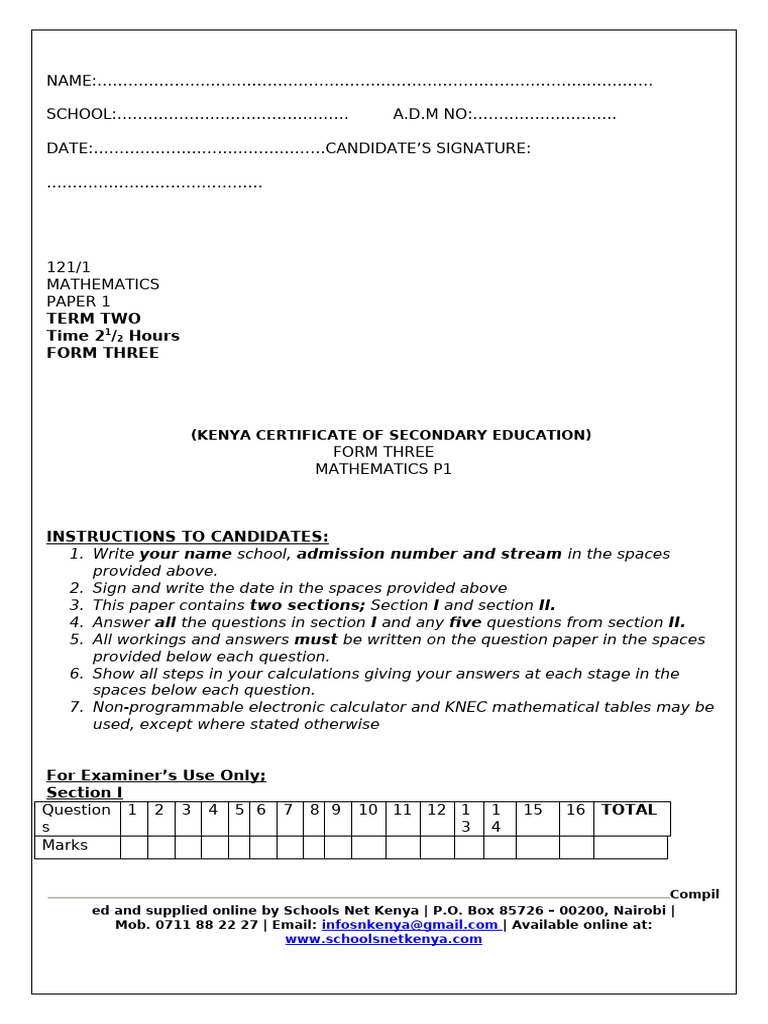 Secondary 2017 Form 3 Term 2 Mathematics Paper 1 | PDF | Area ...