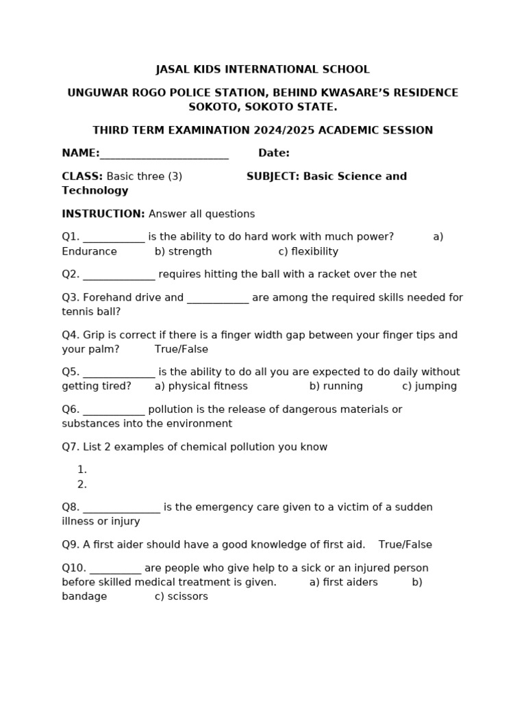 Basic Three Third Term Exam Questions | PDF | First Aid