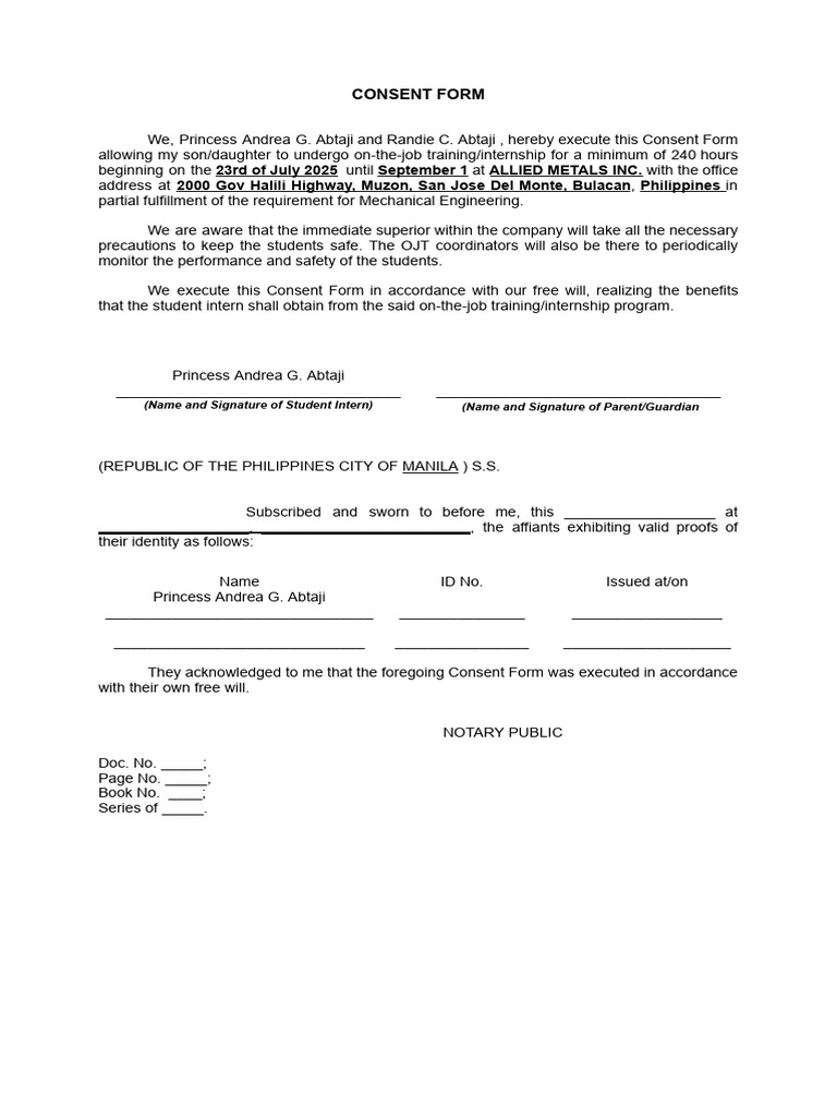 Consent Form for Student Internship | PDF
