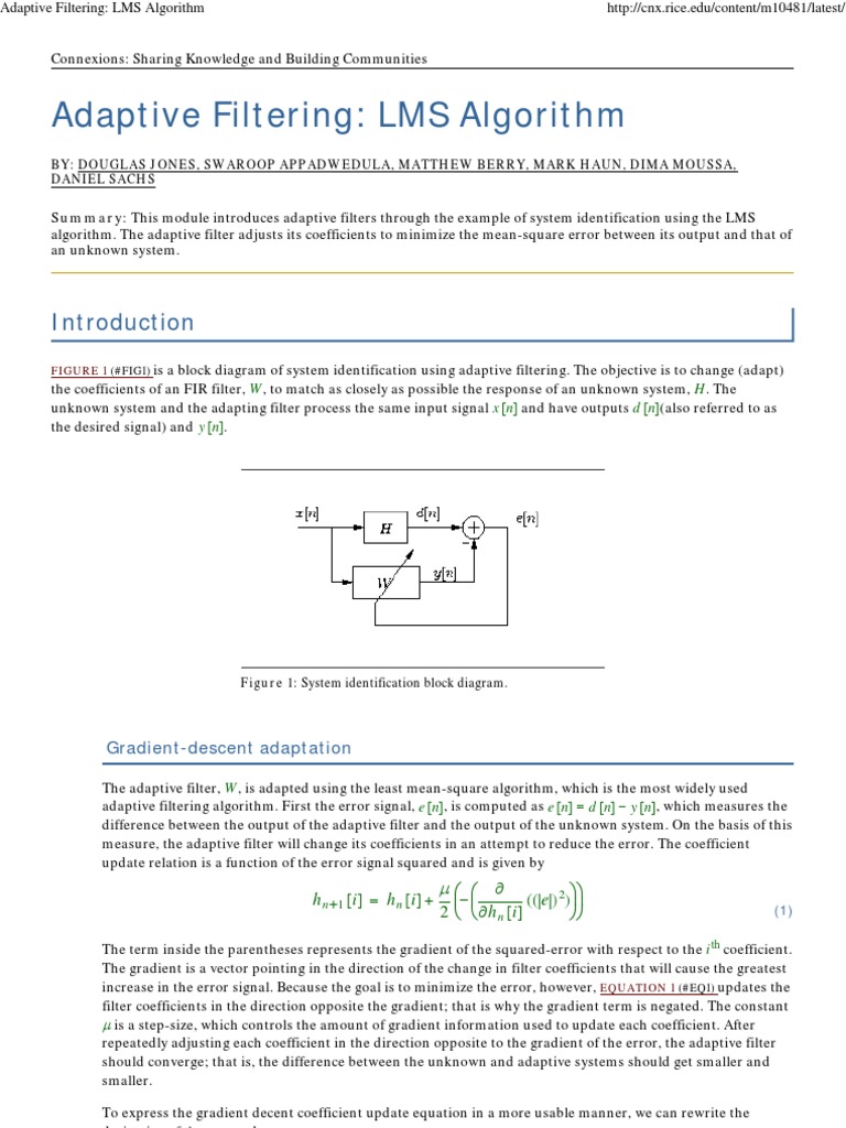 Adaptive Filtering Lms Algorithm Download Free Pdf Digital Signal Processing Cybernetics