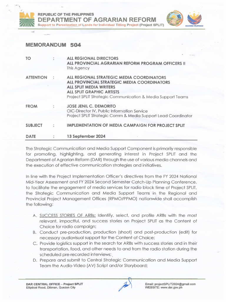 Memo 504 s2024 Implementation of Media Campaign For Project Split | PDF