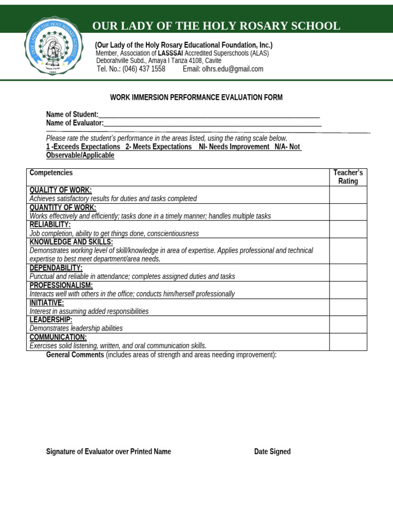 Work Immersion Evaluation Form Template | PDF