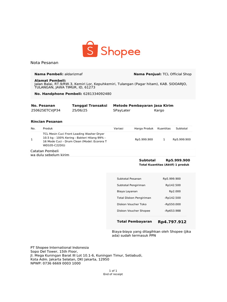 Invoice Mesin Cuci | PDF