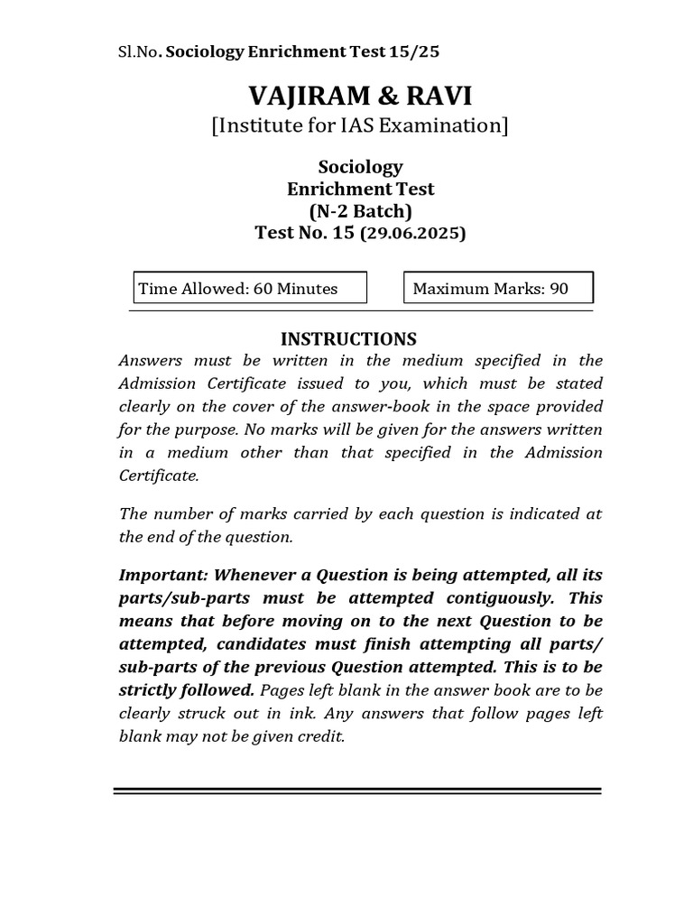 Sociology Enrichment Test Instructions and Questions | PDF
