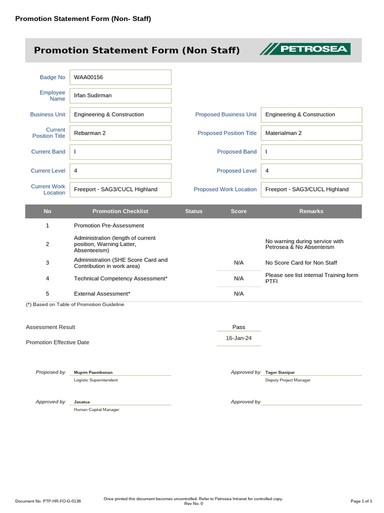 Form Promotion Irfan Sudirman | PDF