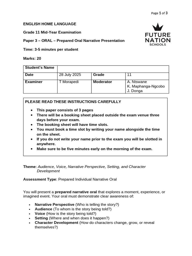 Grade 11 Oral Narrative Exam Guide | PDF | Narrative | Cognition