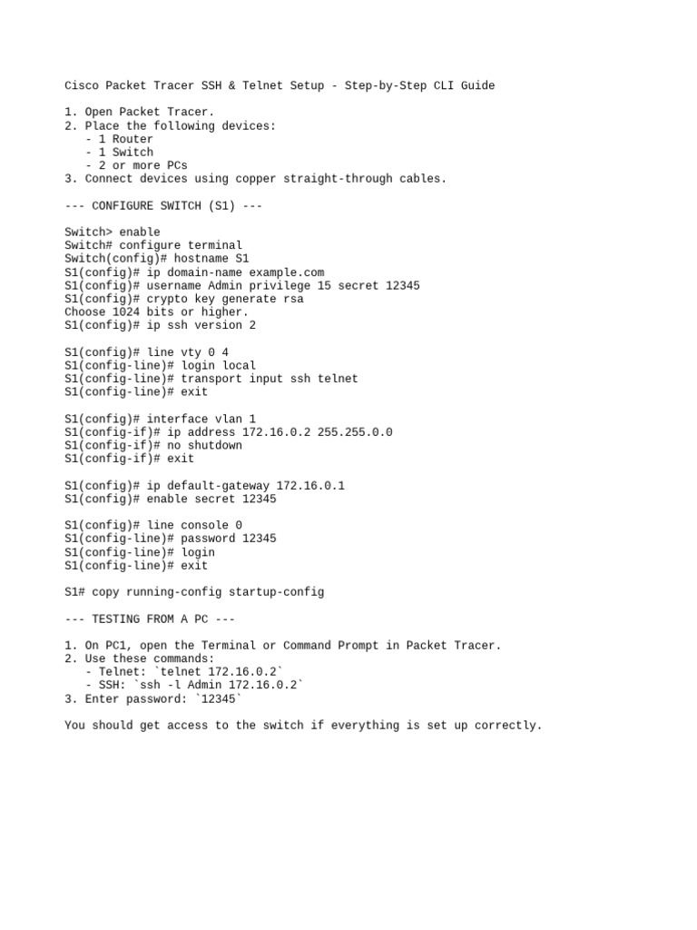 Cisco Packet Tracer SSH & Telnet Setup Guide | PDF
