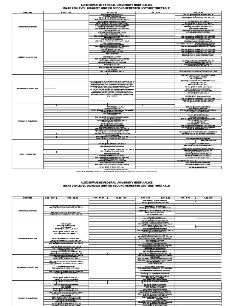 Bmas Unified 200l 2024 2025 Second Semester Lecture Time Table | PDF