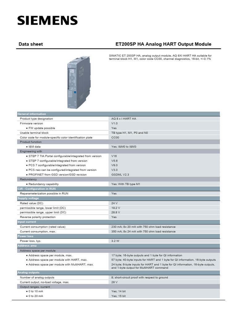 Datasheet - ET200SP HA Analog Output Module, AO 8x I HART | PDF ...