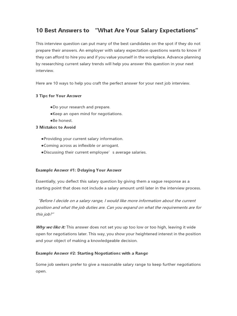 10 Best Answers To "What Are Your Salary Expectations" | PDF | Salary ...