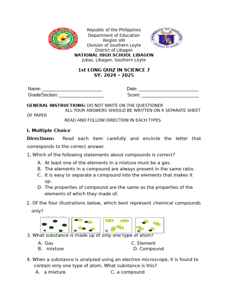Science 7 Long Quiz: Elements vs. Compounds | PDF | Chemical Compounds ...