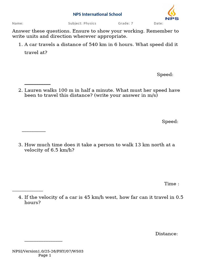 Grade 7 Physics Worksheet on Motion | PDF