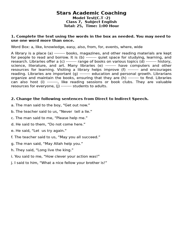 English Model Test Class Seven | PDF