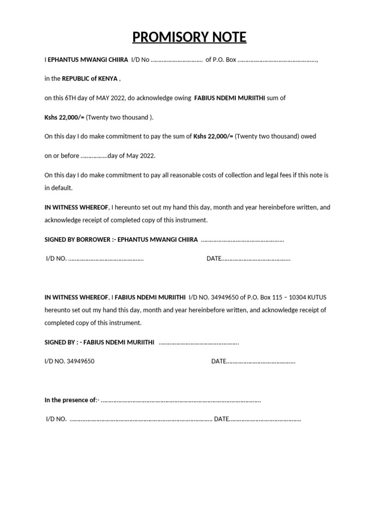 Promissory Note for Kshs 22,000 in Kenya | PDF