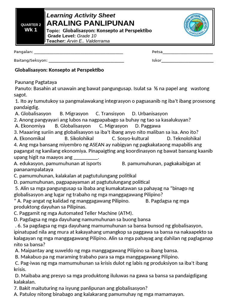 Q2 AP 10 Learning Activity Sheet WK 1 2025 Grade 10 Due To Increment ...