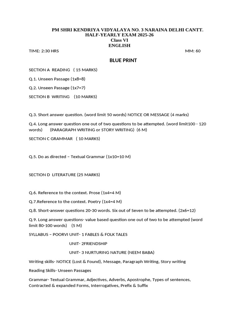 Class 6 Blue Print English H.Y. E. 2025-26 | PDF