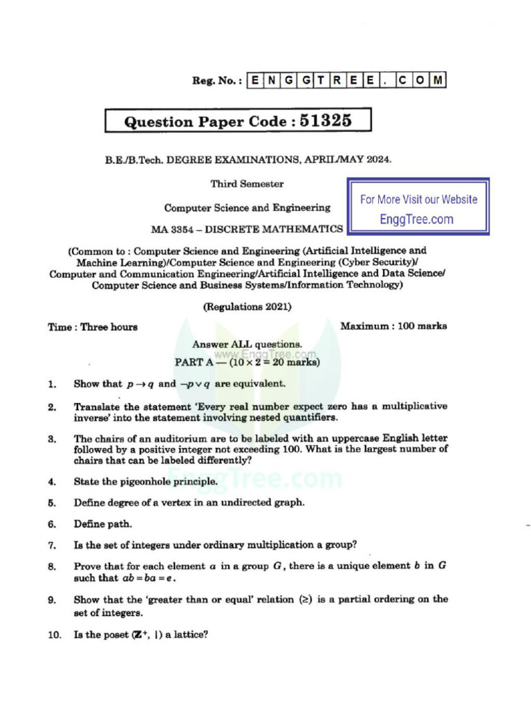 MA3354 Discrete Mathematics Apr May 2024 Question Paper Download | PDF