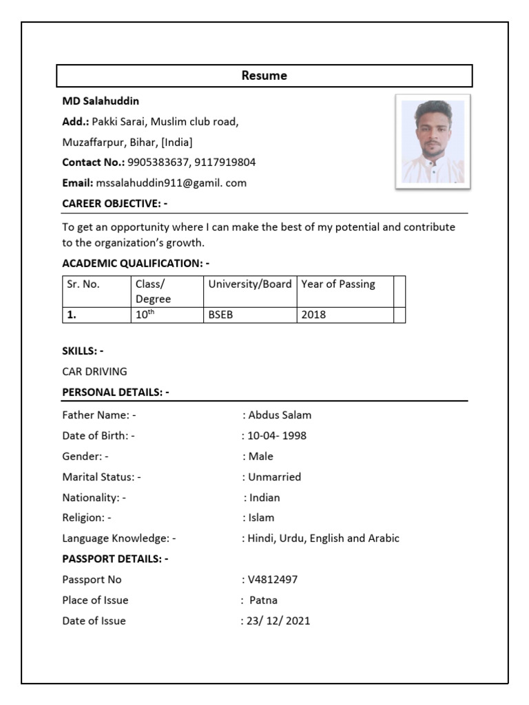 Resume of MD Salahuddin - Skills & Details | PDF