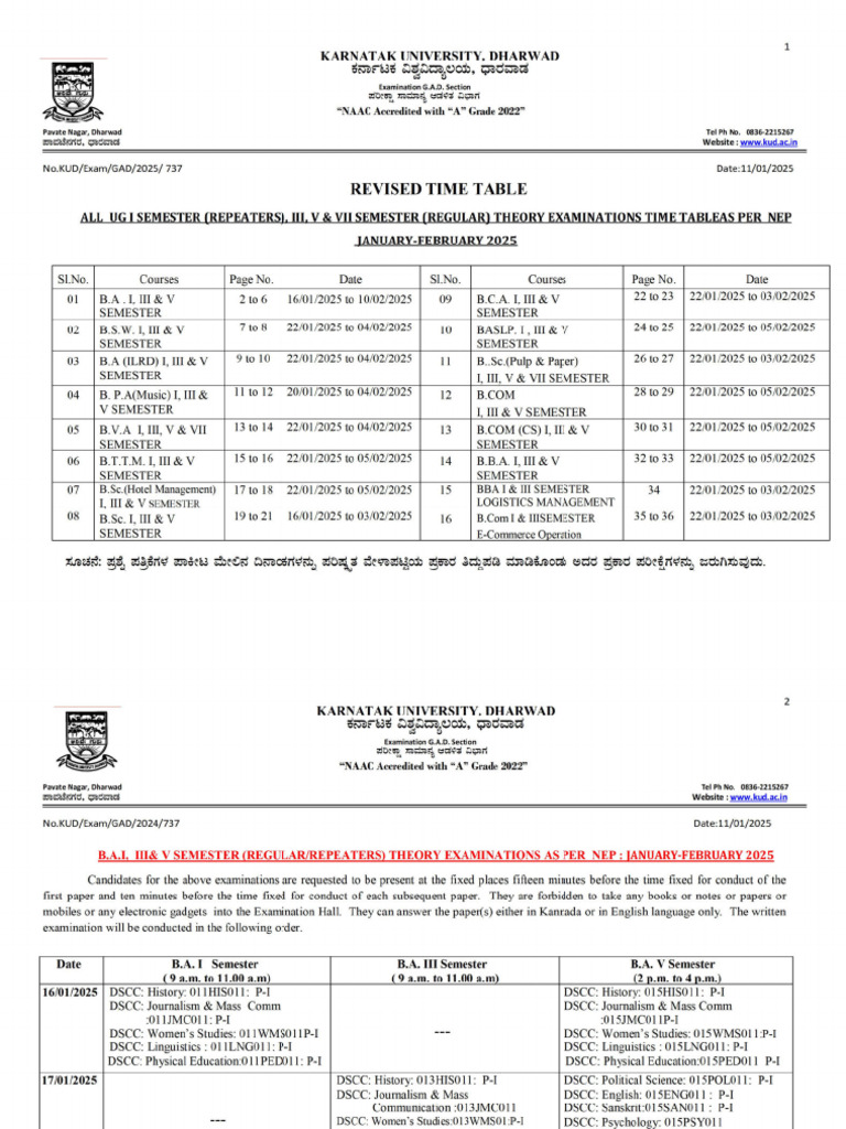REVISED NEP I, III, V & VII Semester Time Table January-February 2025 | PDF