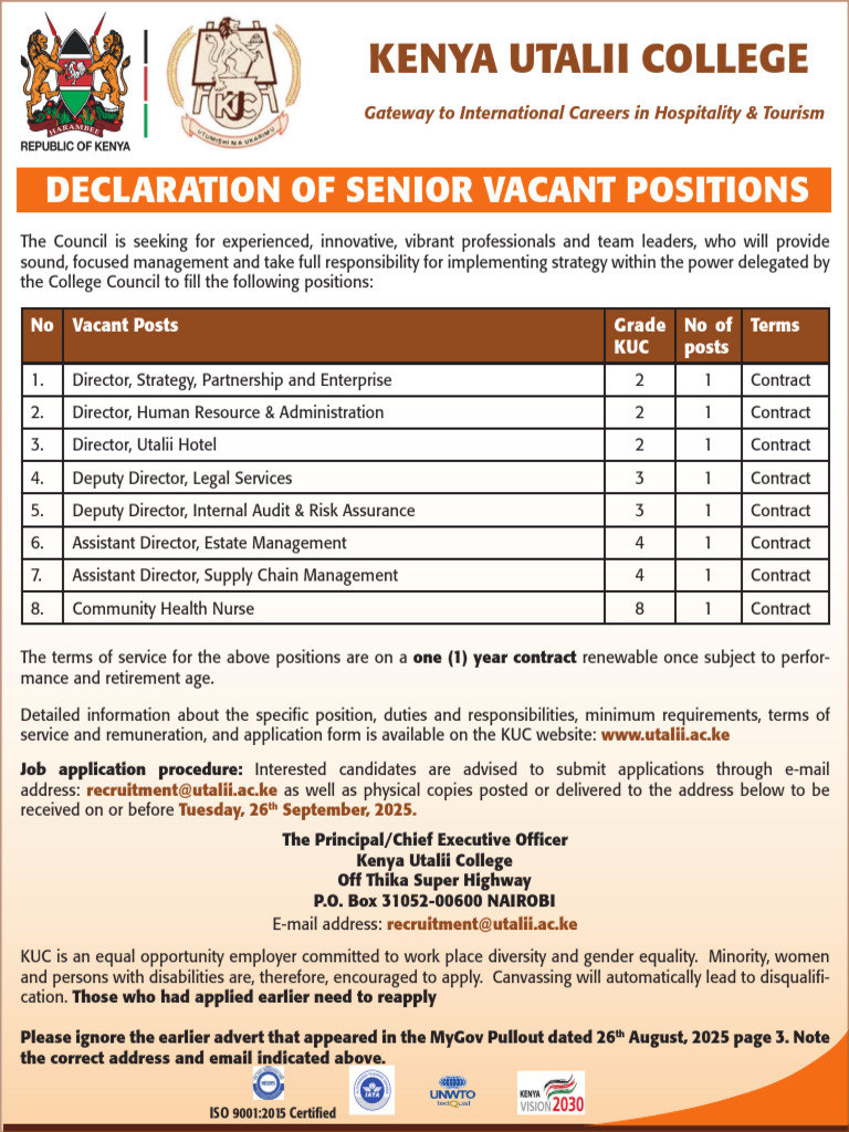 Senior Vacant Positions at Kenya Utalii College. | PDF | Business