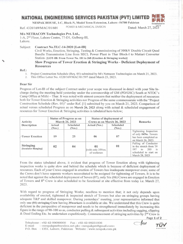 Letter No. 601-Slow Progress of Tower Erection - Stringing Works ...