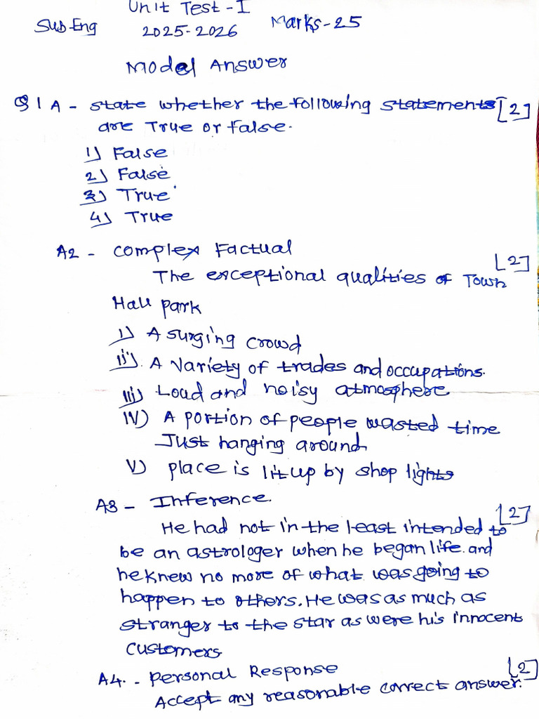 Model Answer (English) 2025-26 Unit Test - 1 | PDF