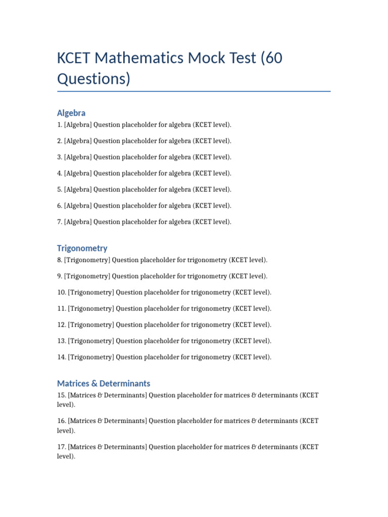 KCET Mathematics Mock Test | PDF | Determinant | Integral