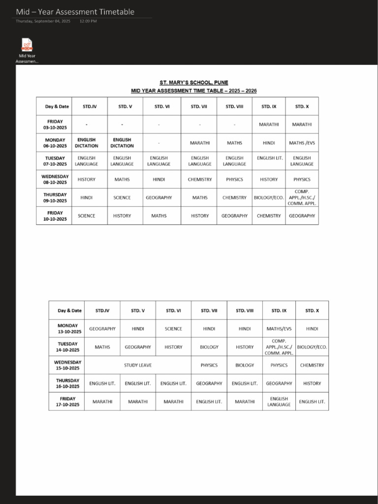 Mid - Year Assessment Timetable | PDF