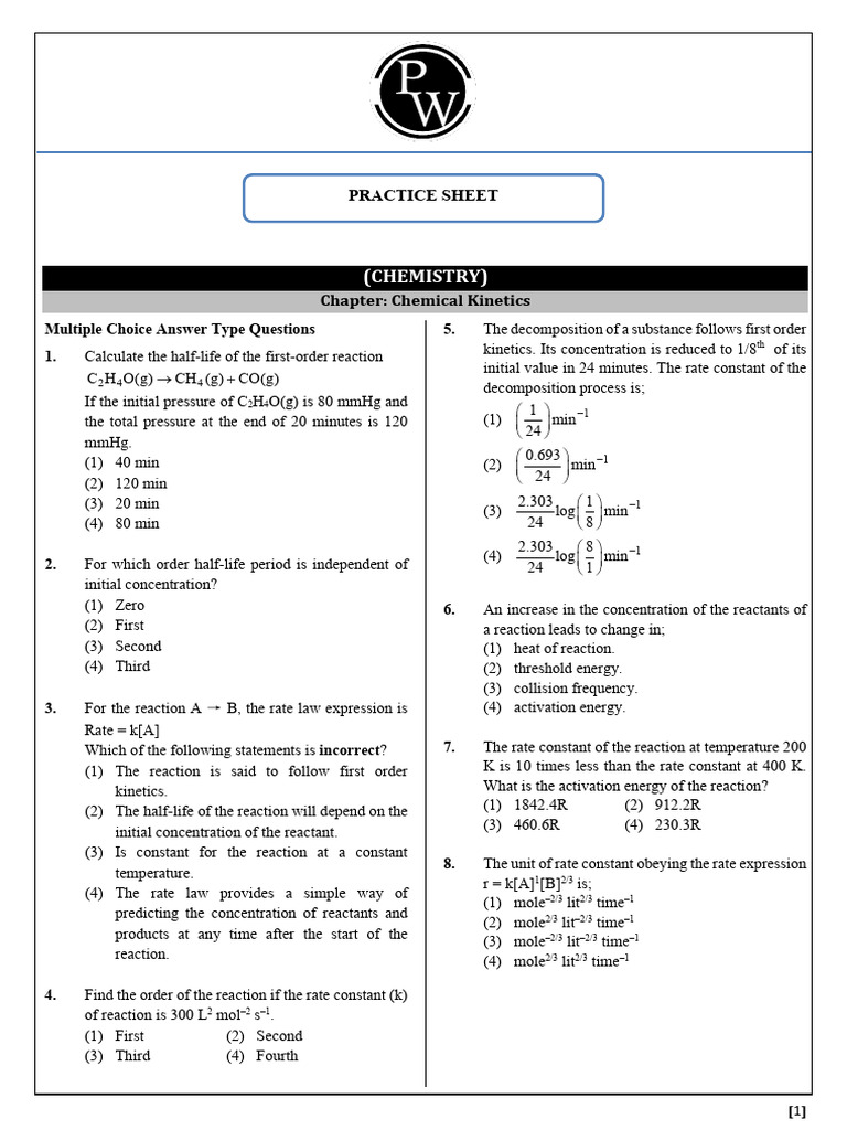 Chemistry Chemical Kinetics Vijeta Series Class 12th Practice Sheet | PDF | Reaction Rate ...