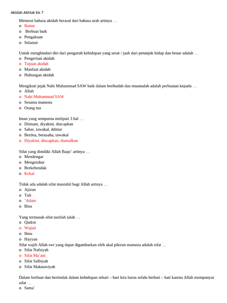 Soal Akidah Akhlak Kls 7 | PDF