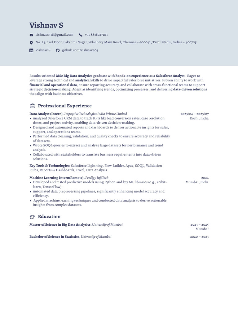 Vishnav S FlowCV Resume 20250909 | PDF | Data Analysis | Big Data