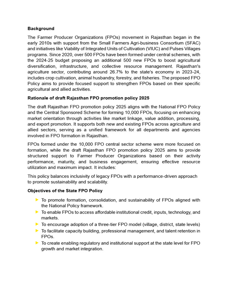 Rajasthan FPO Promotion Policy 2025 | PDF | Agriculture | Economies