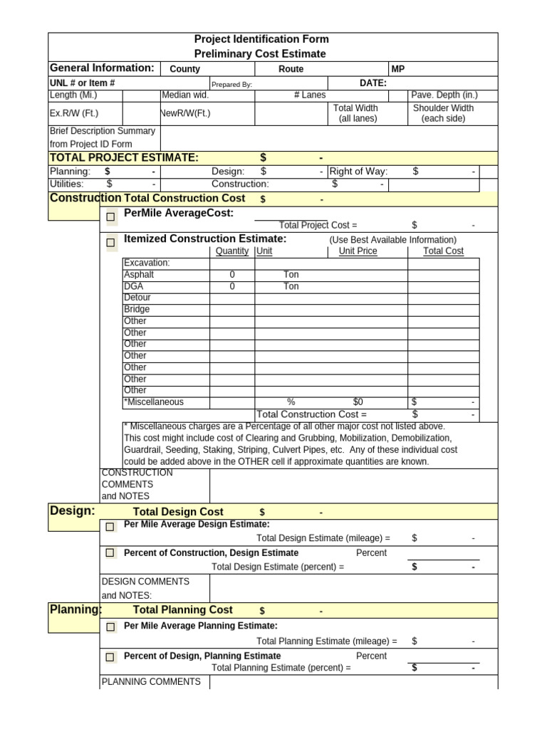 Project Cost Estimate Form Template | PDF | Utility