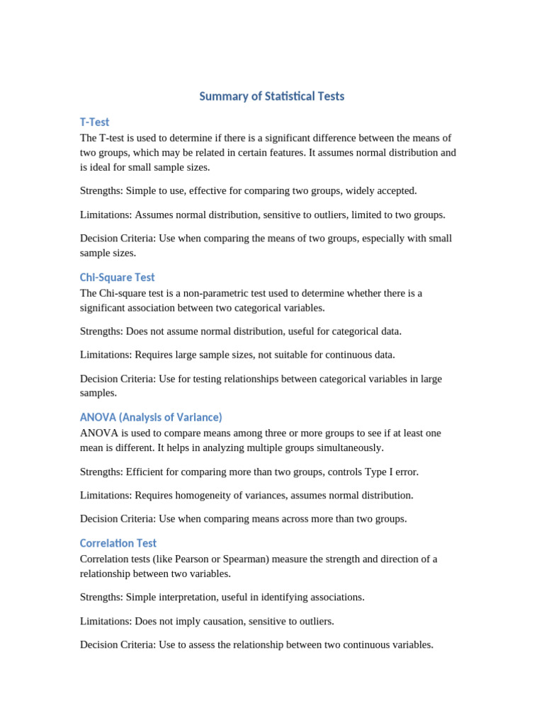 Statistical Tests Summary Assignment | PDF | Student's T Test ...