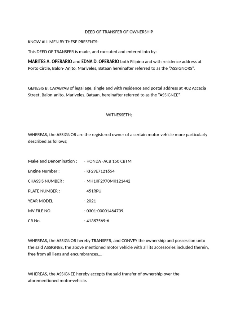 Deed of Transfer of Ownership New Genesis Edna and Maritess | PDF